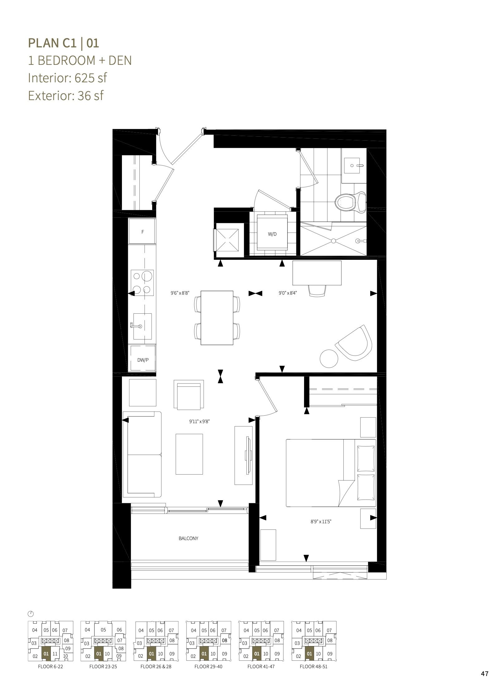 Burke Condos | Plan C1 | 01 | 625 sq.ft. | 1.5 bedrooms